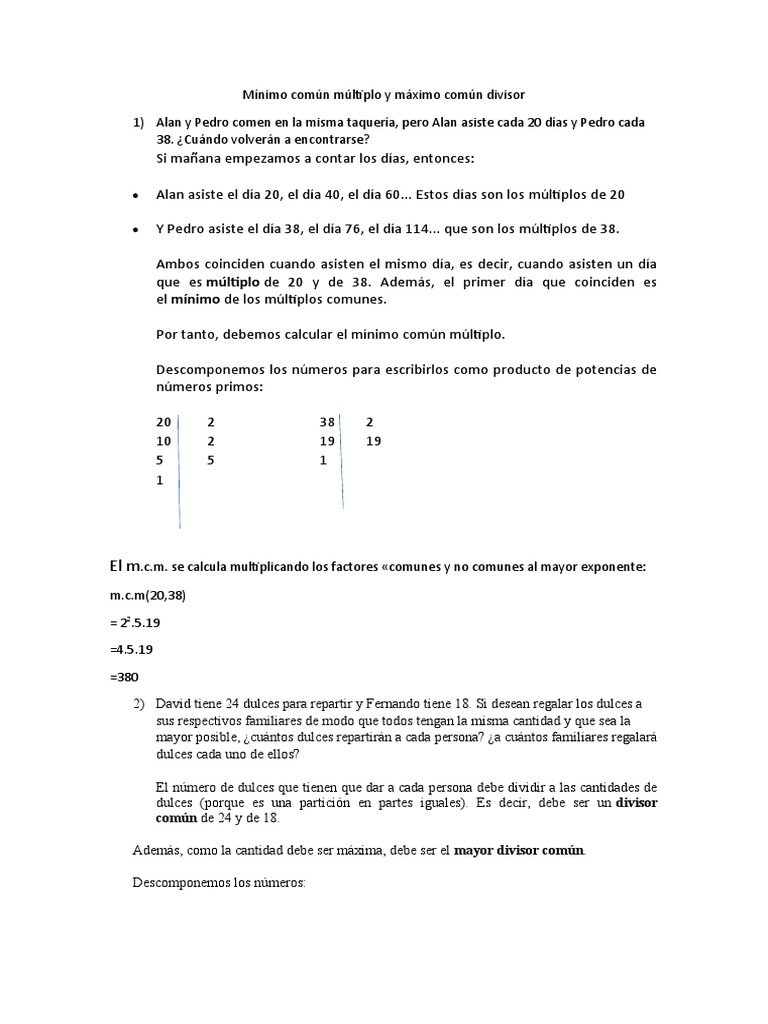 Mínimo Común Múltiplo Y Máximo Común Divisor Pdf