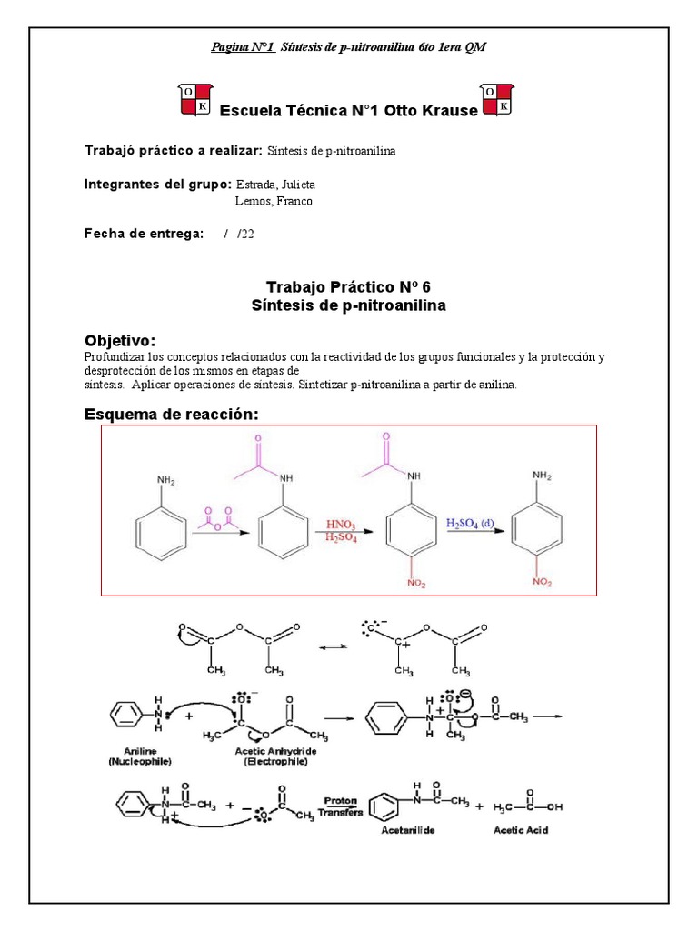 Síntesis de p-nitroanilina a partir de anilina mediante acetilación y ...