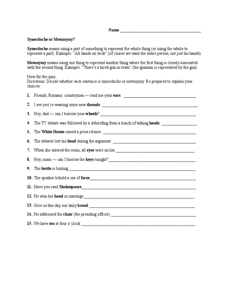 Synecdoche and Metonymy Quiz | PDF