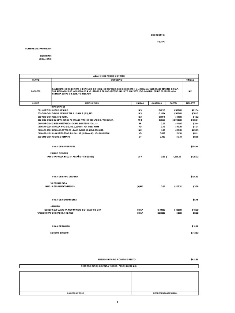 Tarjeta de Precio Unitario - Pavimento de Concreto Hidráulico de 15 CM ...