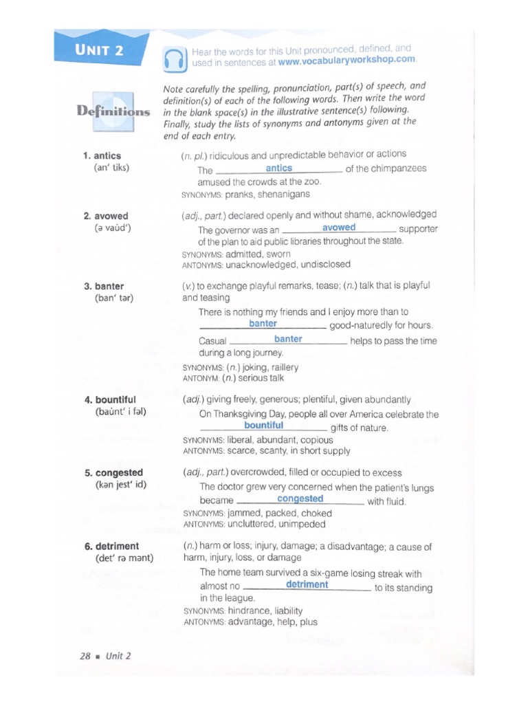 Vocabulary Unit 2 | PDF