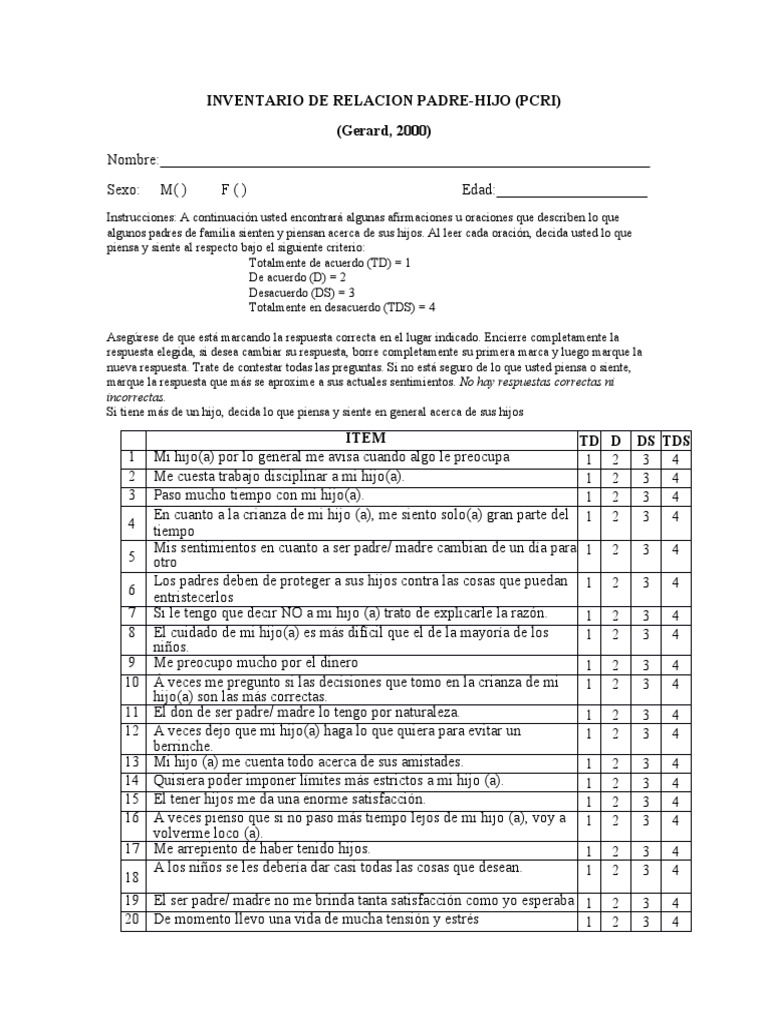 Inventario de Relacion Padre-Hijo (Pcri) | PDF