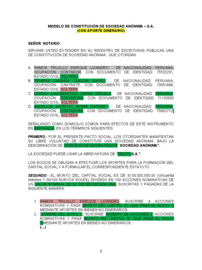 Formato de Minuta SA Efectivo | PDF | Sociedad de responsabilidad ...