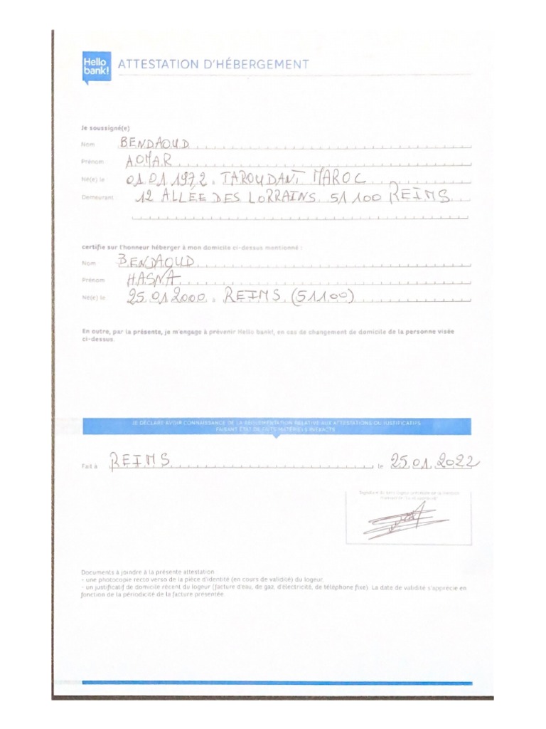 Hello ATTESTATION D'HÉBERGEMENT | PDF