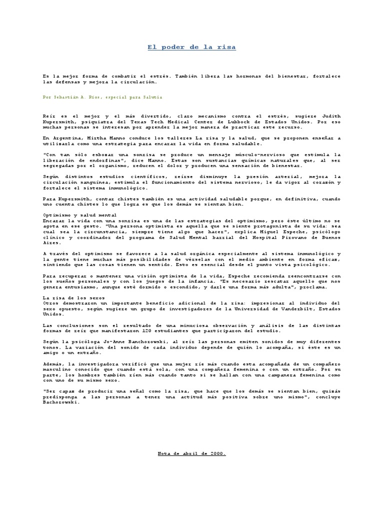 El poder de la risa: beneficios para la salud y el bienestar | PDF