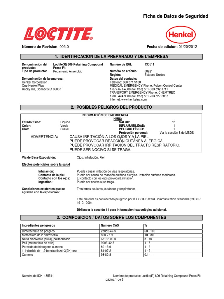 Ficha de Seguridad Loctite 609 | PDF