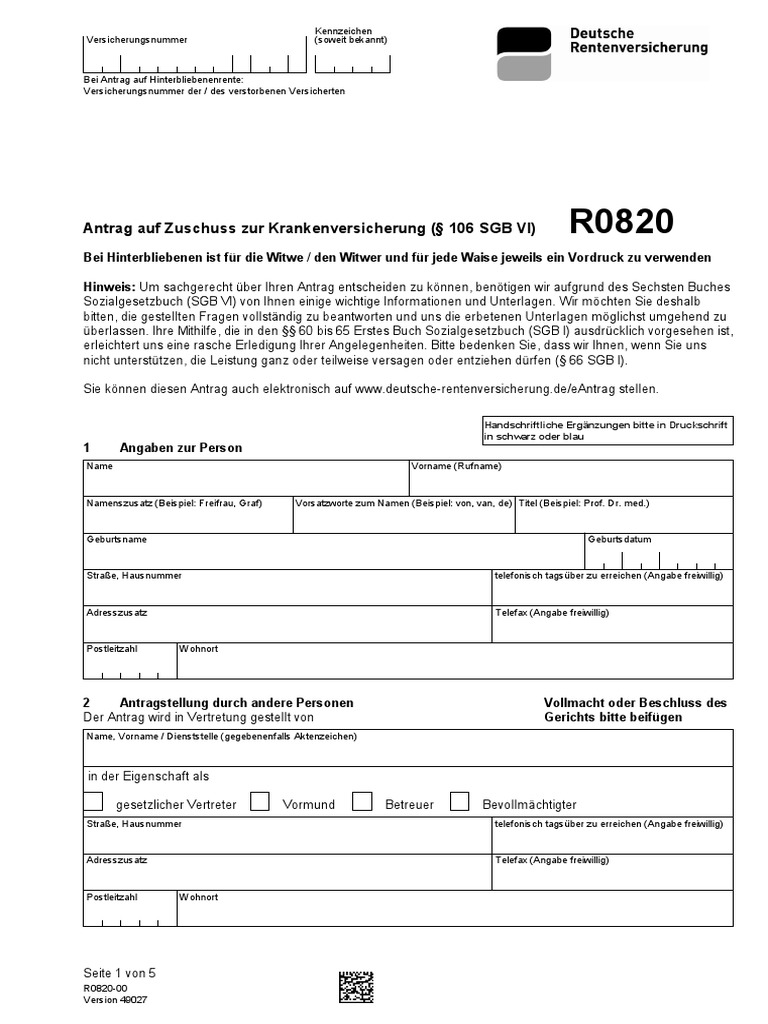 Antrag Auf Zuschuss Zur Krankenversicherung ( 106 SGB VI) | PDF