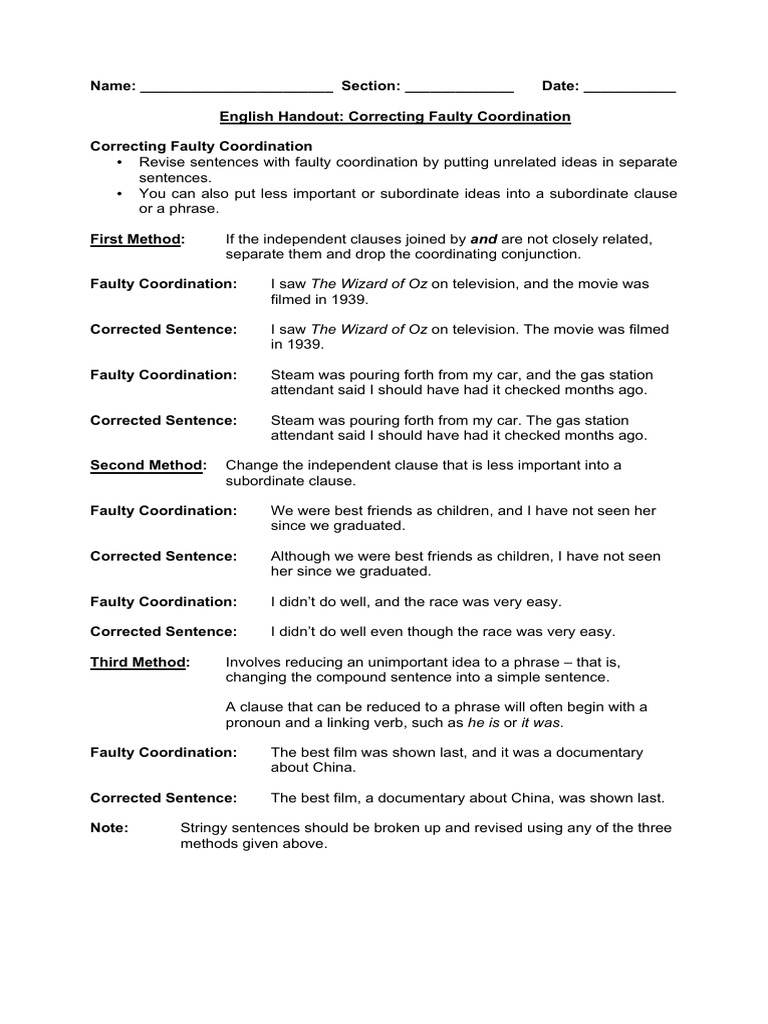 Faulty Coordination Worksheet | PDF | Linguistic Morphology | Semantic ...