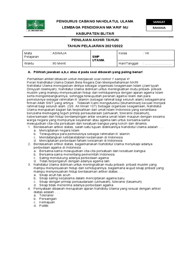 Soal Utama Pat Aswaja Kelas 7 | PDF | Agama & Spiritualitas