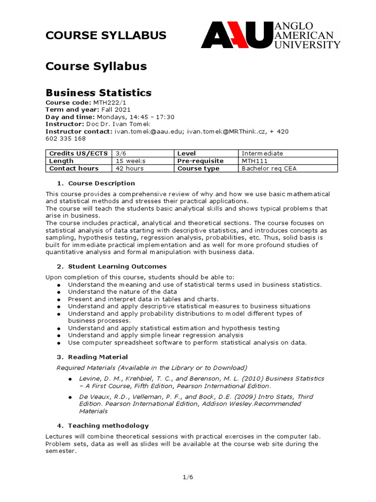 MTH222 Stats Syllabus | PDF | Statistics | Analysis