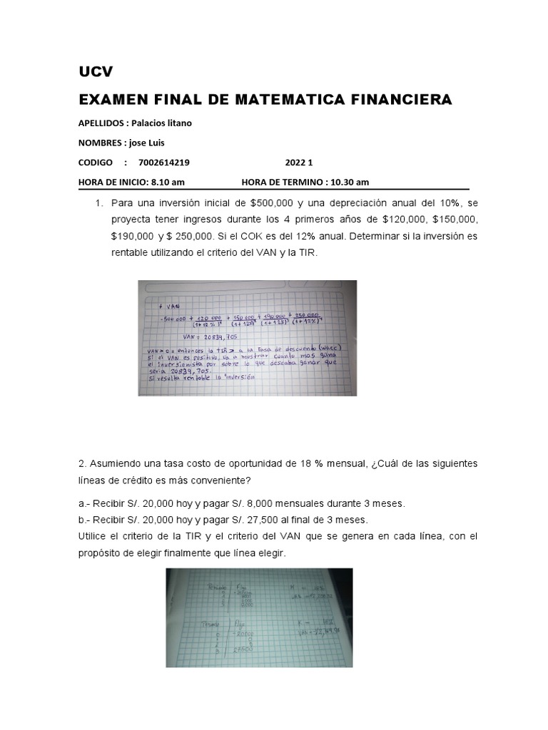 Examen Final de Matematica Financiera 2022 1 | PDF
