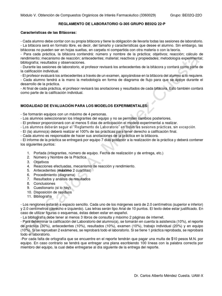 Reglamento de Laboratorio-22-O | Descargar gratis PDF | Laboratorios | Prueba (evaluación)