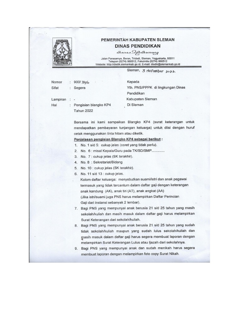 Edaran Pengisian Blanko KP4 KS, PNS, PPPK, DPK TK 2022 | PDF