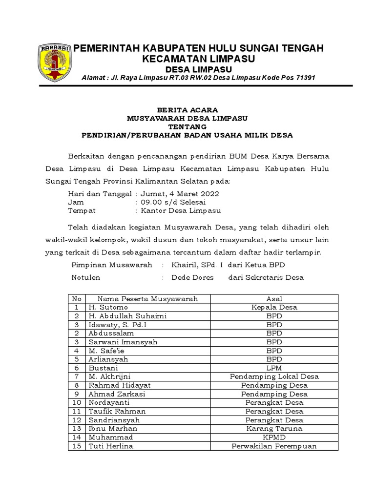 6b. Berita Acara Musdes Pembentukan Dan Penetapan Perdes Bumdes | PDF