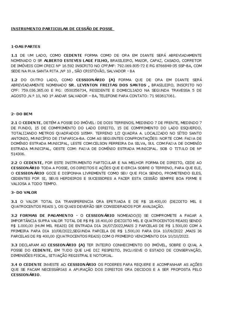 Instrumento Particular De Cessão De Posse Pdf