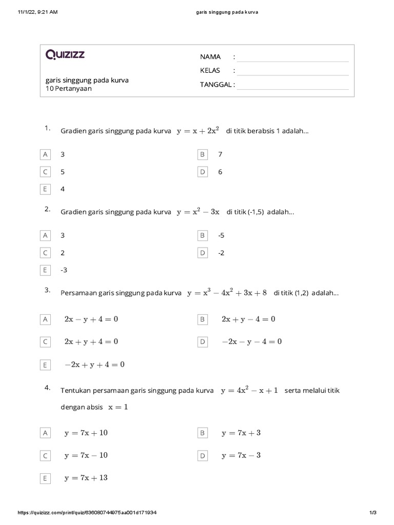 XII. Soal Quisis (Garis Singgung Pada Kurva) | PDF