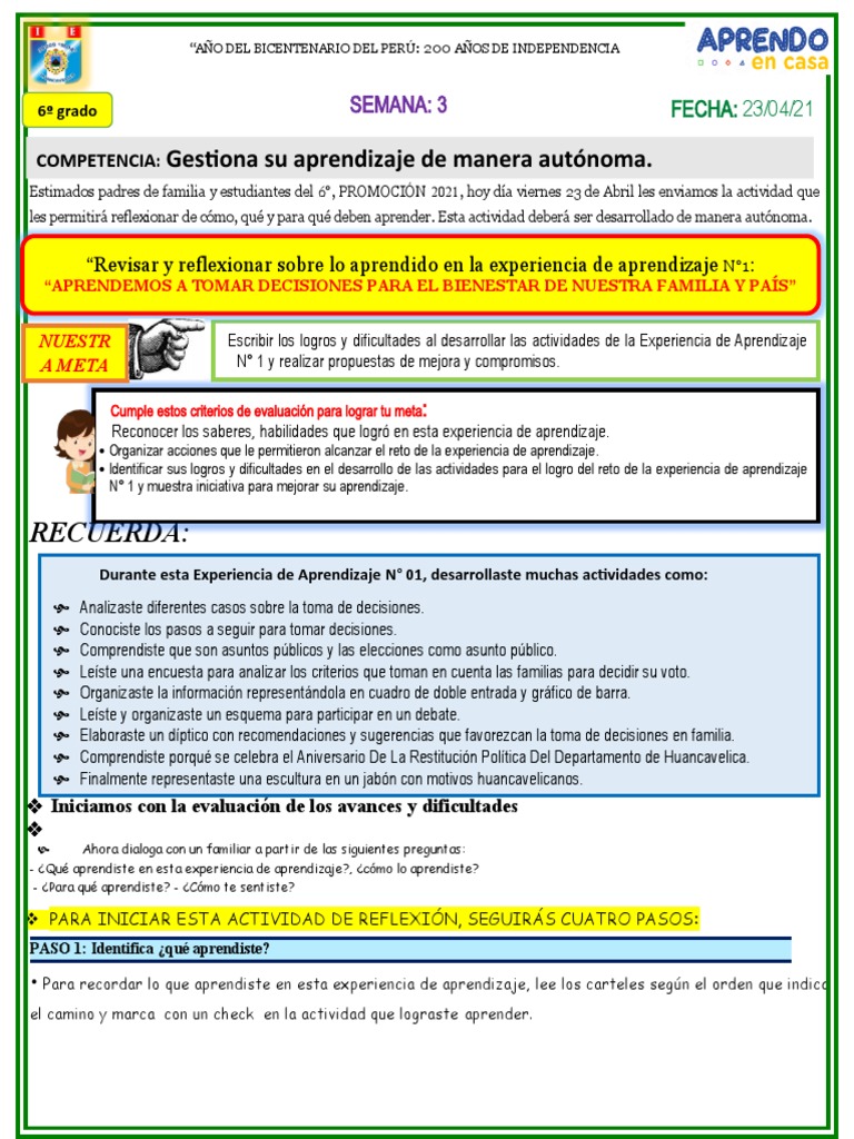 Reflexión De La Experiencia De Aprendizaje 1 23 04 21 Pdf