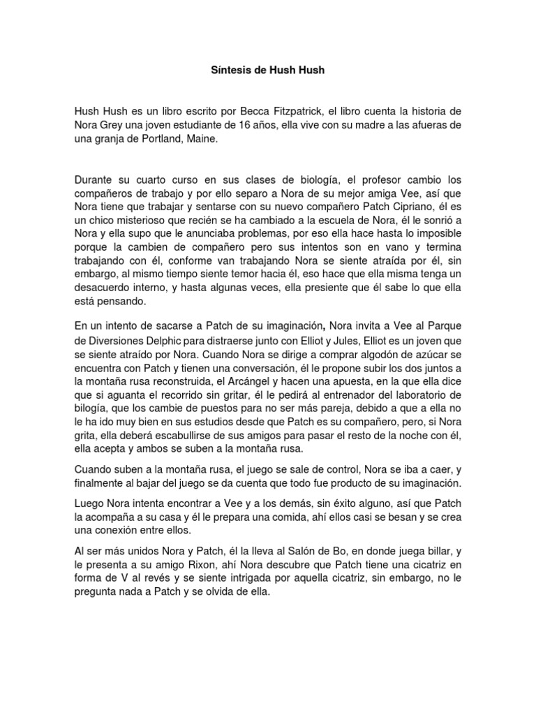 Resumen de la historia de amor sobrenatural entre Nora Grey y Patch Cipriano en el libro Hush ...