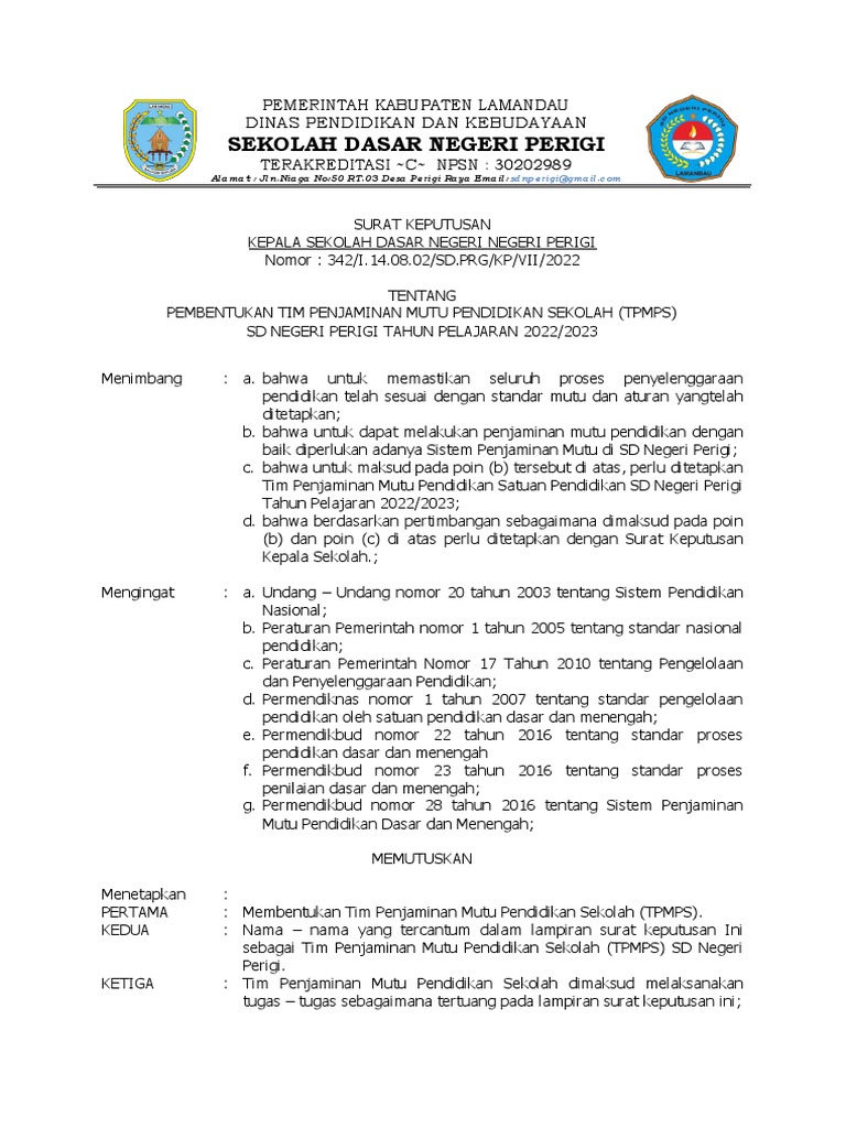 SK Tim Penjamin Mutu Sekolah | PDF