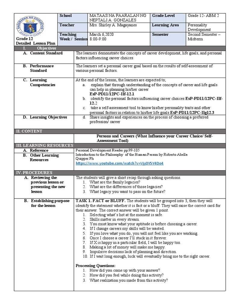 DLP - SHS Personality Development - Persons and Career | PDF | Learning ...