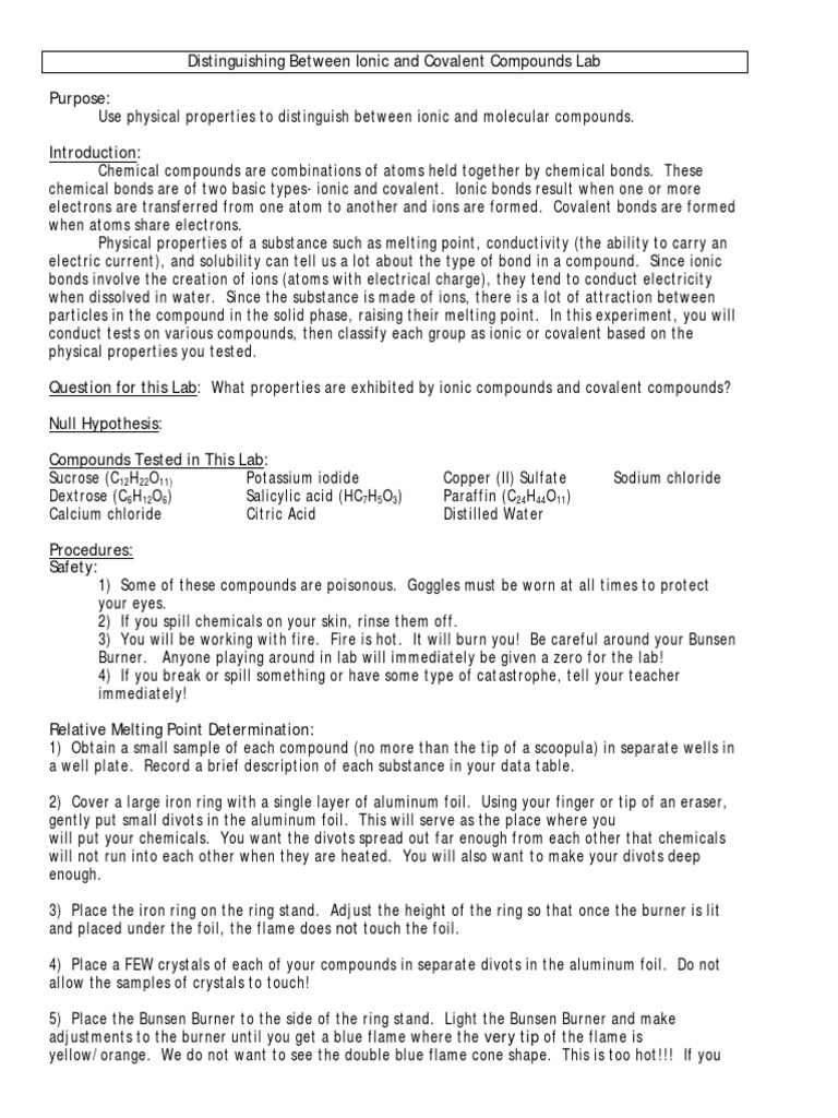 Distinguishing Between Ionic and Covalent Compounds Lab | PDF ...