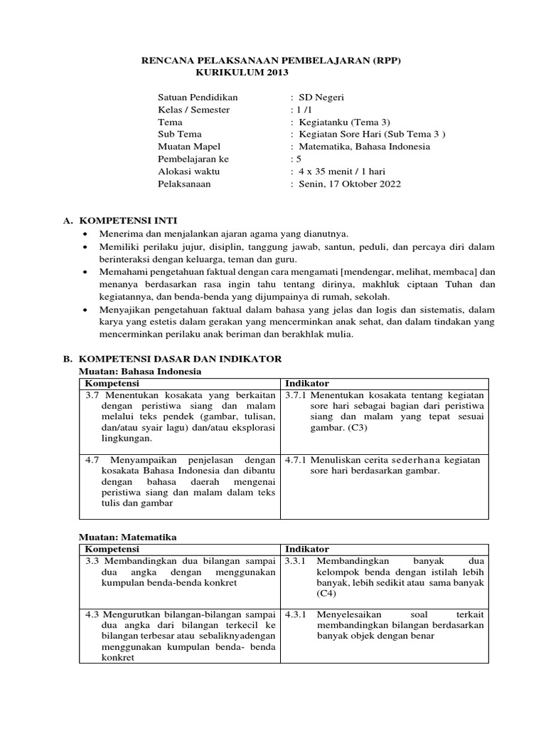 RPP Kelas 1 Tema 3 Subtema 3 Pembelajaran 5 | PDF