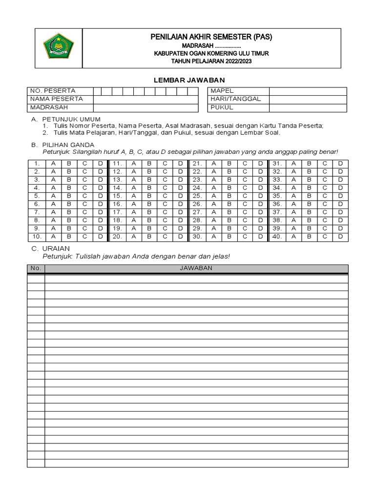 Lembar Jawaban Pas 2022 | PDF
