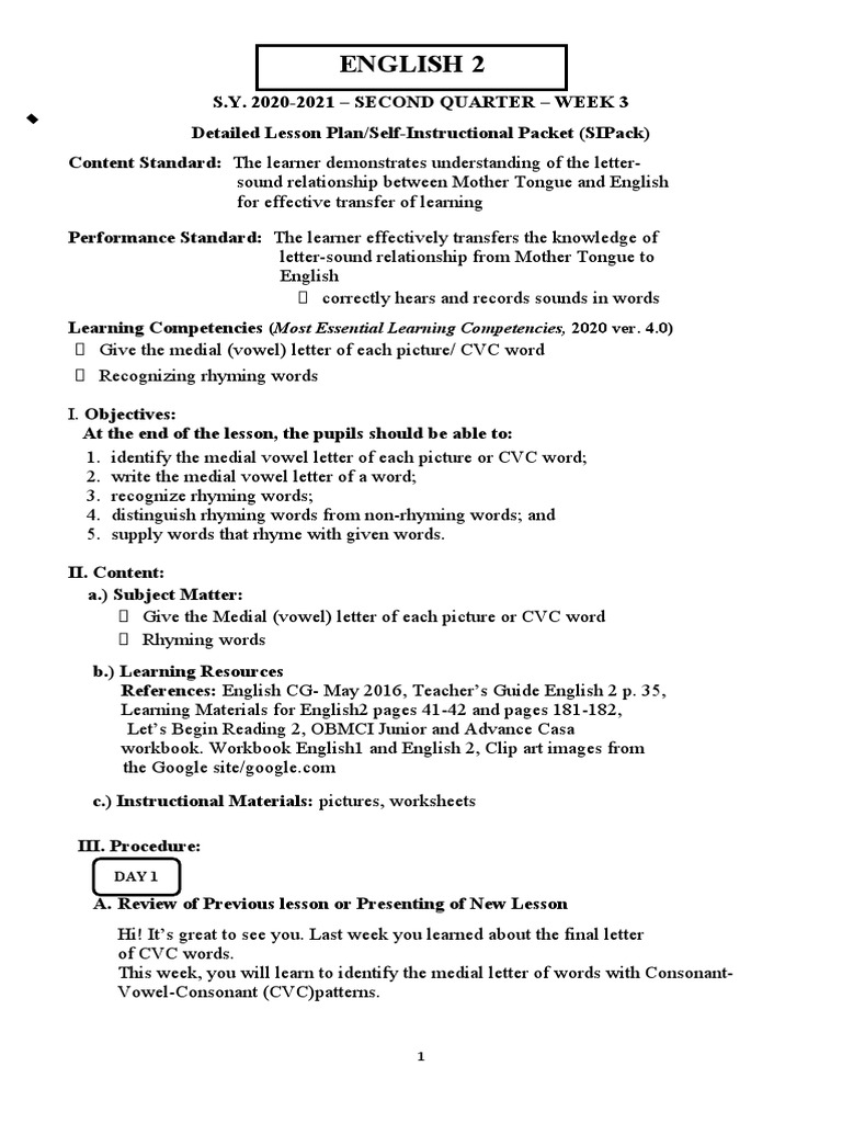 English 2 Week 3 Lesson Plan | PDF | Syllable | English Language