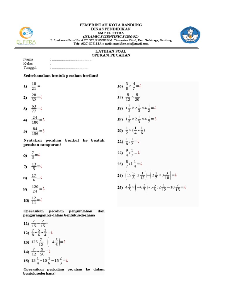 Soal Matematika Dasar Pecahan Part 1 | PDF