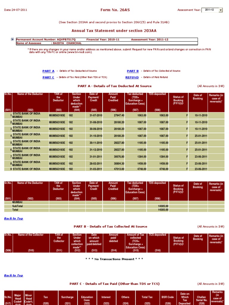 Form No. 26AS: (See Section 203AA and Second Proviso To Section 206C (5 ...