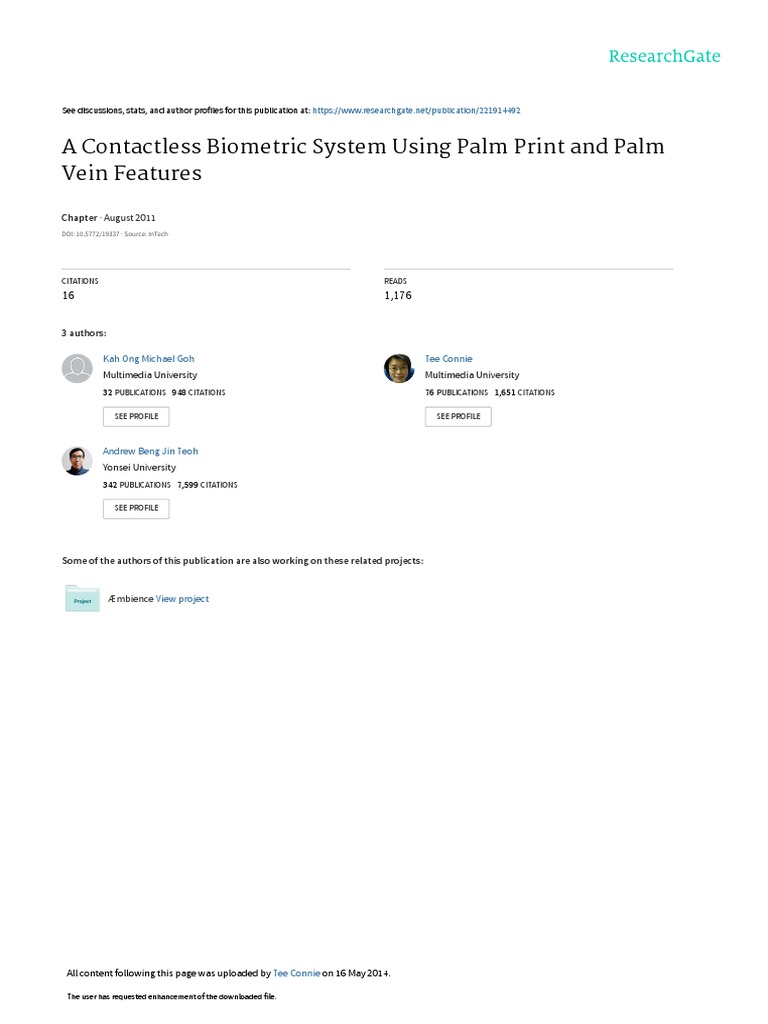 A Contactless Biometric System Using Palm Print and Palm Vein Features | PDF | Infrared | Biometrics