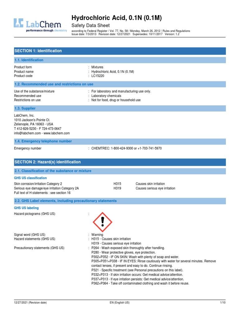 Hydrochloric Acid 0.1N SDS Guide | PDF | Dangerous Goods | Toxicity