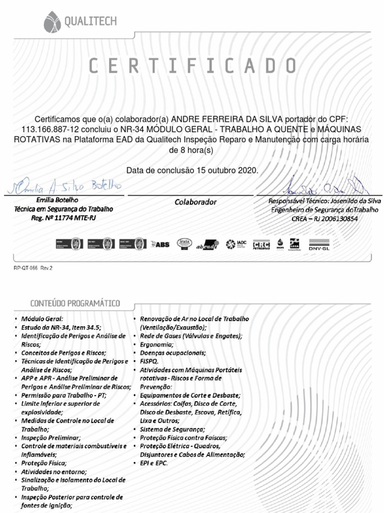 Nr-34 Módulo Geral - Trabalho A Quente e Máquinas Rotativas - Certificado de Conclusão | PDF