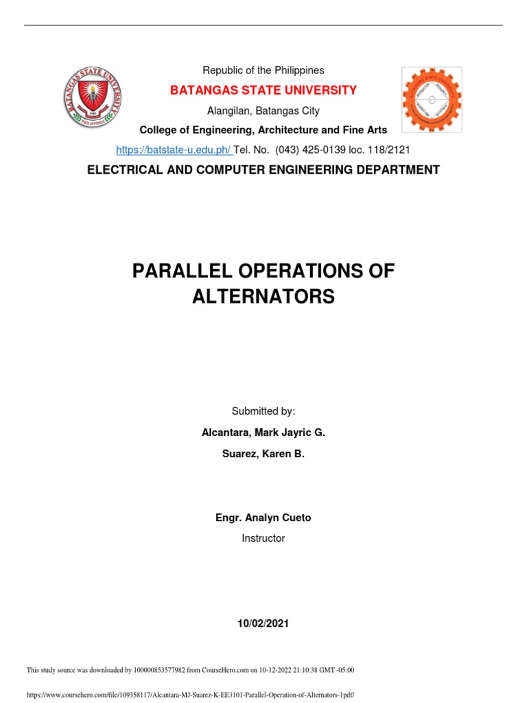 Alcantara MJ. Suarez K. EE3101 Parallel Operation of Alternators 1 PDF | PDF | Electric ...
