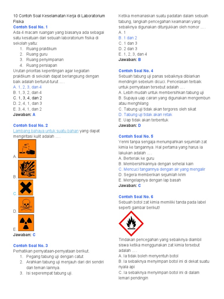 10 Contoh Soal Keselamatan Kerja Di Laboratorium Fisika | PDF