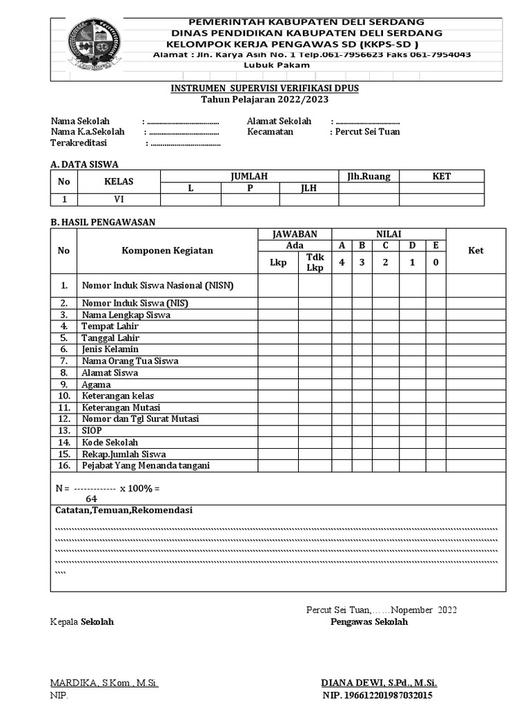 Instrumen Supervisi Verifikasi Dpus 2022 | PDF