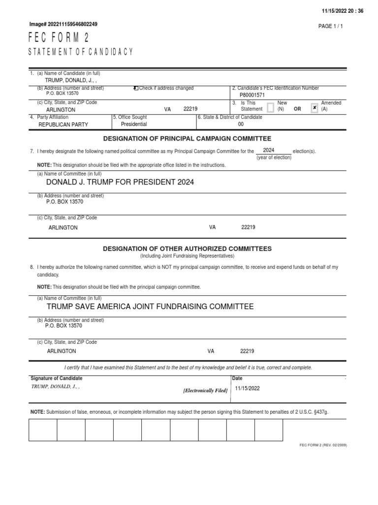 Fec Form 2: Statement of Candidacy | PDF | Federal Election Commission ...