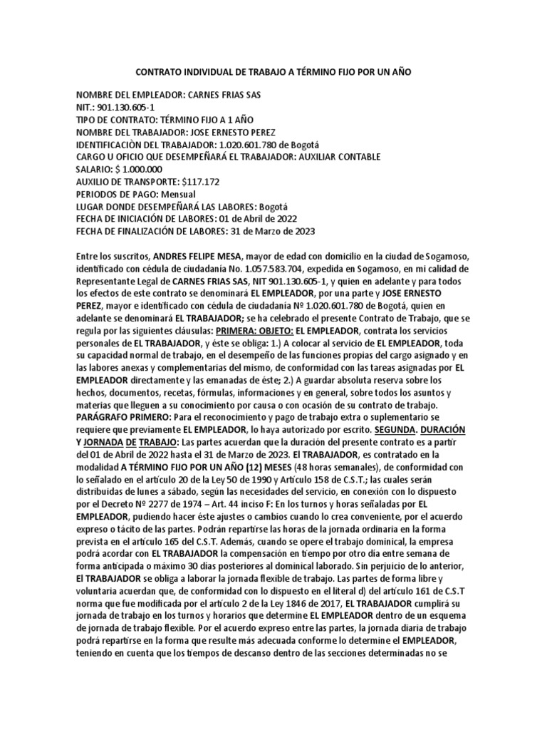Contrato Individual de Trabajo A Término Fijo Por Un Año | PDF | Tiempo ...