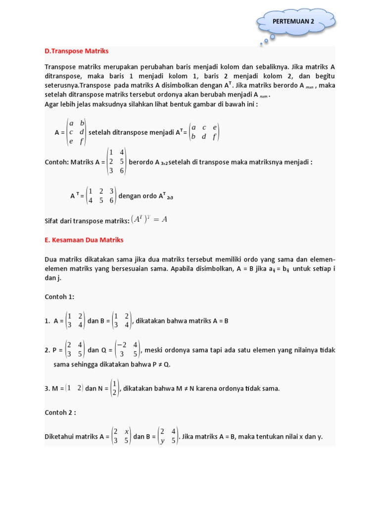 Transpose Matriks, Kesamaan Matriks Dan Operasi Matriks | PDF