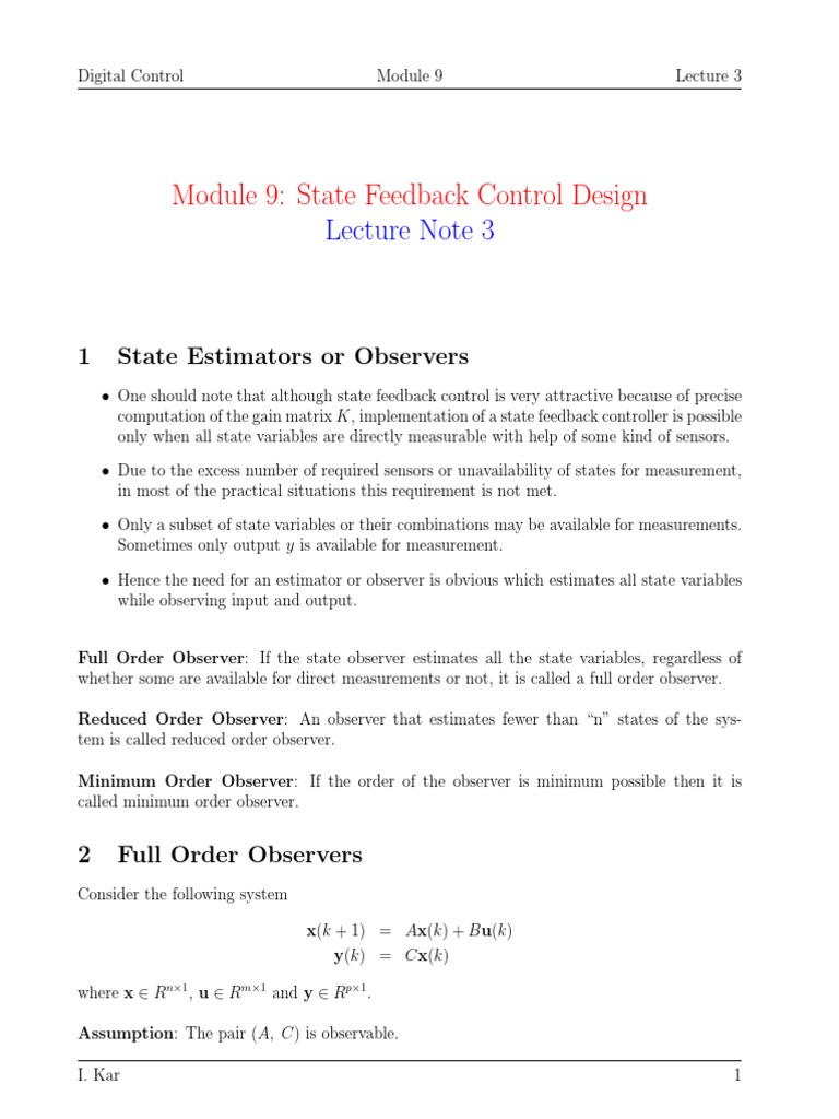 L34 - State Feedback Control Design - State Estimator or Observer | PDF L34 - State Feedback Control Design - State Estimator or Observer | PDF