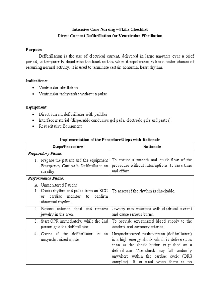 Defibrillation Checklist | PDF | Heart | Cardiopulmonary Resuscitation