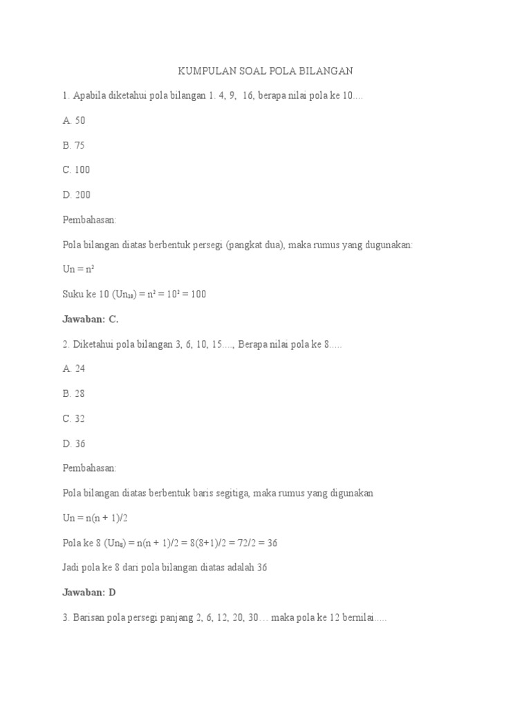 Kumpulan Soal Pola Bilangan Matematika | PDF