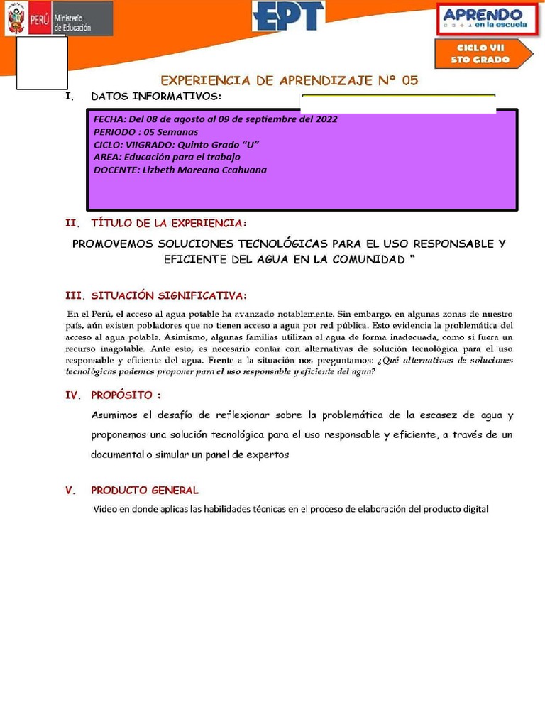 EDA N°05 - CICLO VII - 5TO GRADO- EPT - 2022 | PDF