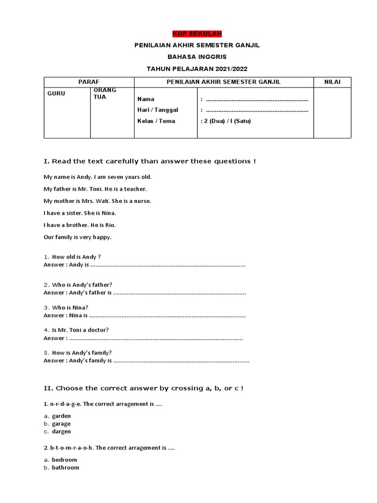 5 - Soal PAS-UAS Bahasa Inggris Kelas 2 Semester 1 | PDF