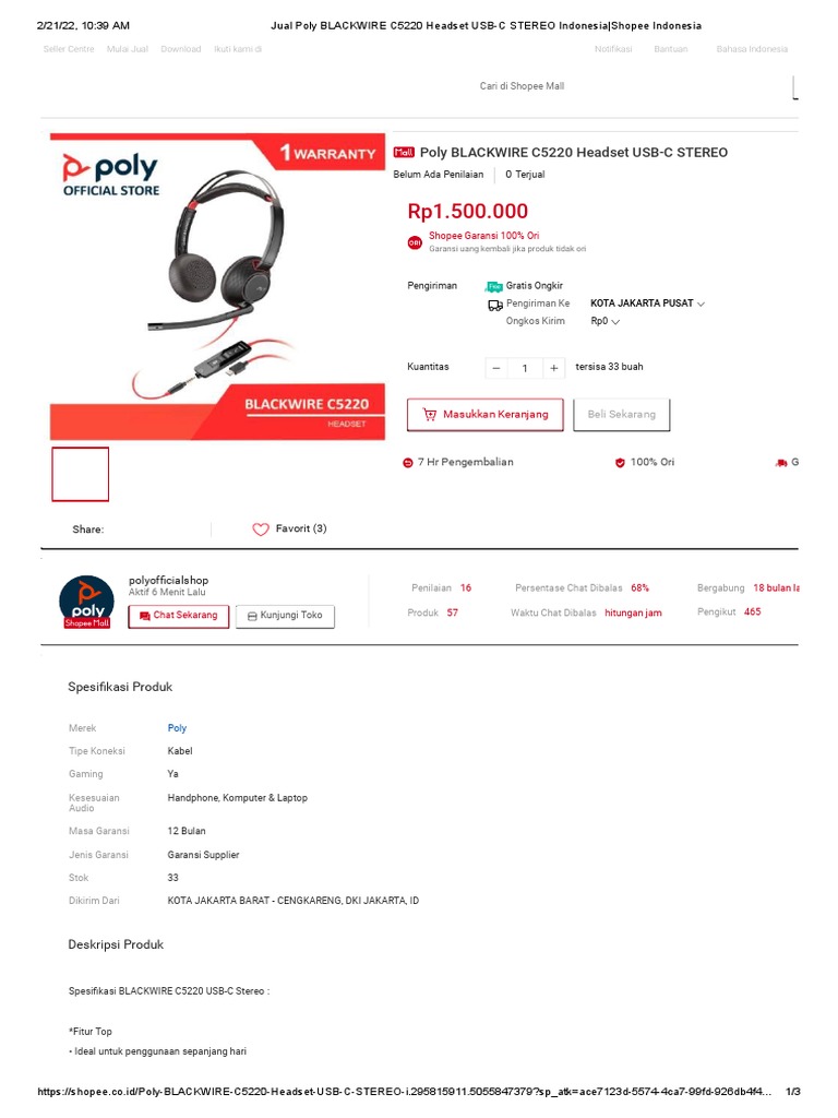 Jual Poly BLACKWIRE C5220 Headset USB-C STEREO Indonesia_Shopee ...
