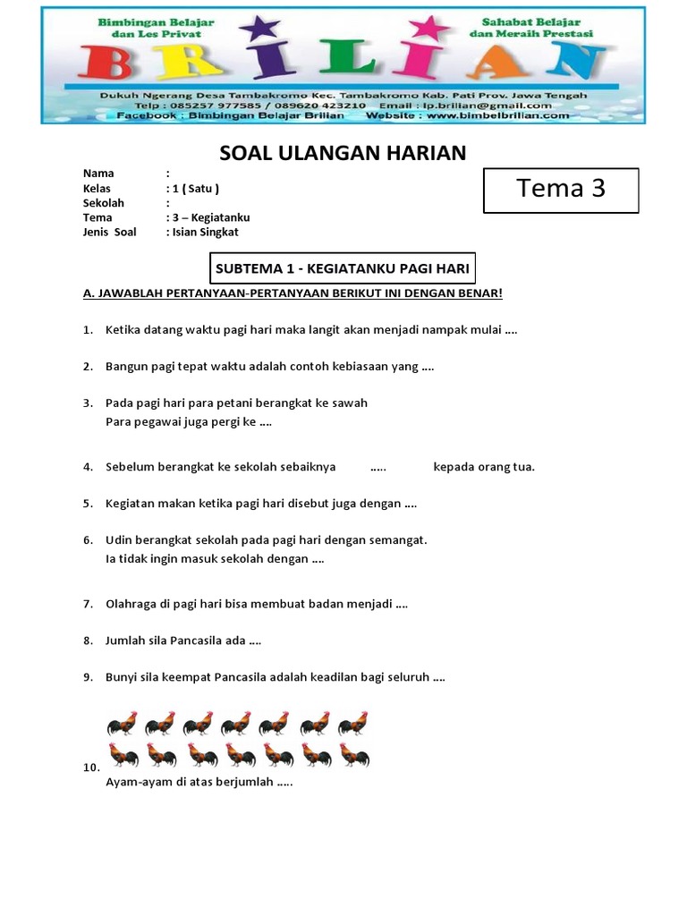 Soal Isian Singkat Kelas 1 SD Tema 3 Kegiatanku Dan Kunci Jawaban | PDF