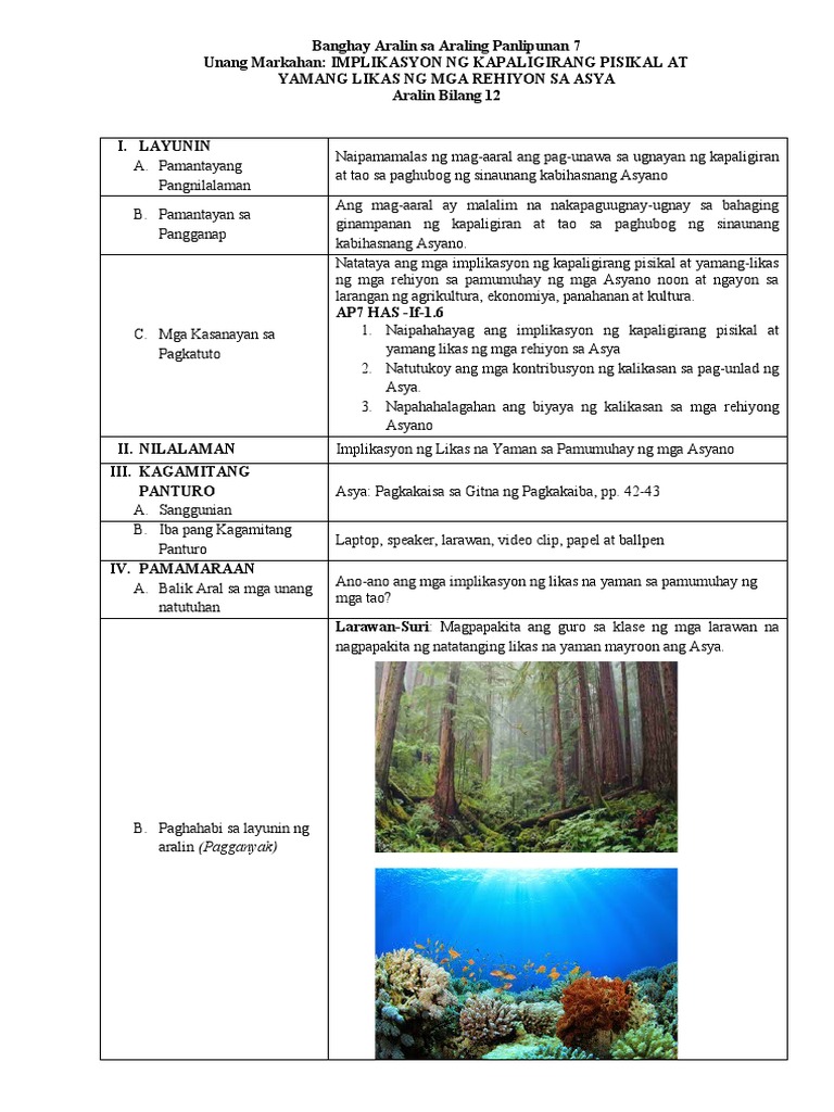 UNANG MARKAHAN Aralin Bilang 12 IMPLIKASYON NG KAPALIGIRANG PISIKAL AT ...