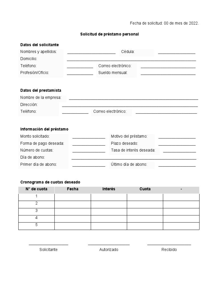 Formato de Solicitud de Prestamo Personal en Word | PDF