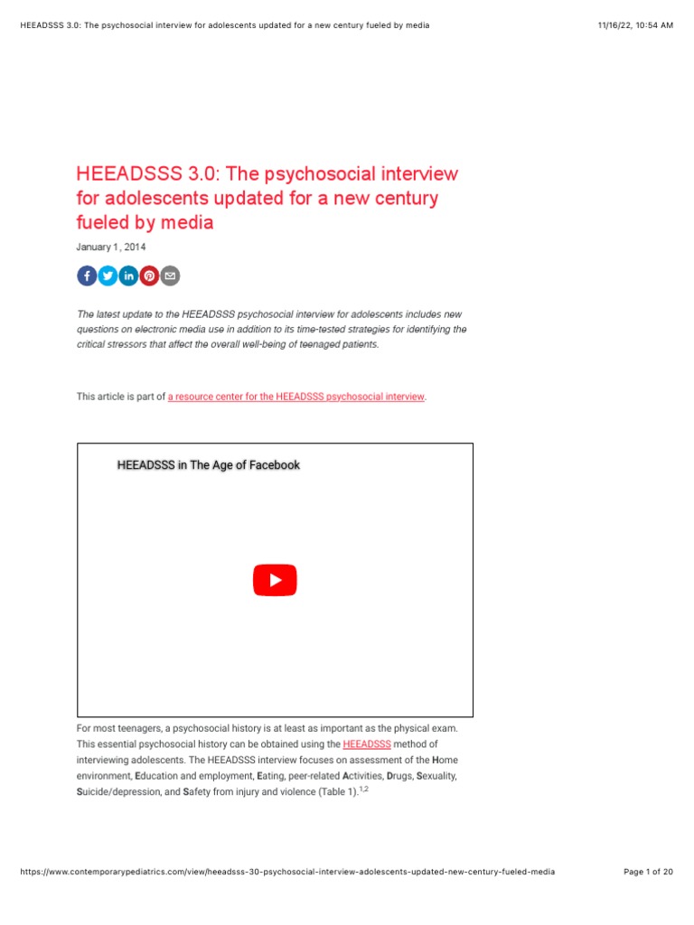 HEEADSSS 3.0: The Psychosocial Interview For Adolescents Updated For A ...