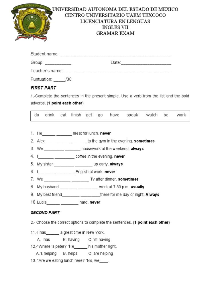 Examen de Gramática Inglesa: Presente Simple y Continuo | PDF | Hogar ...